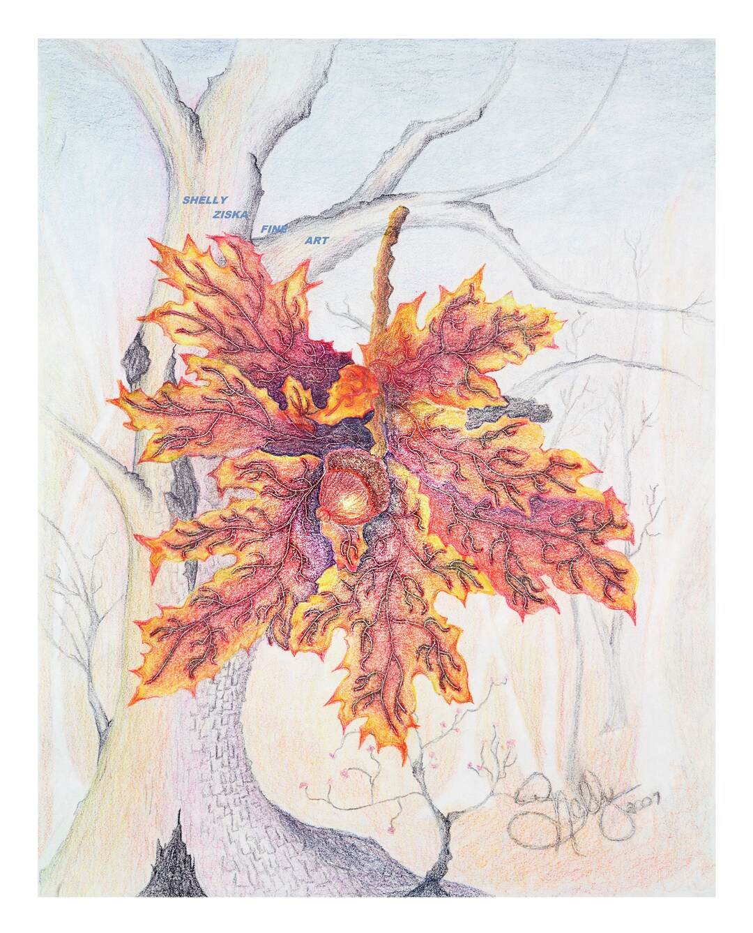 Fall Oak Leaf, Abstract Fall Oak Leaf on a Tree, Oak Leaf With Acorn ...