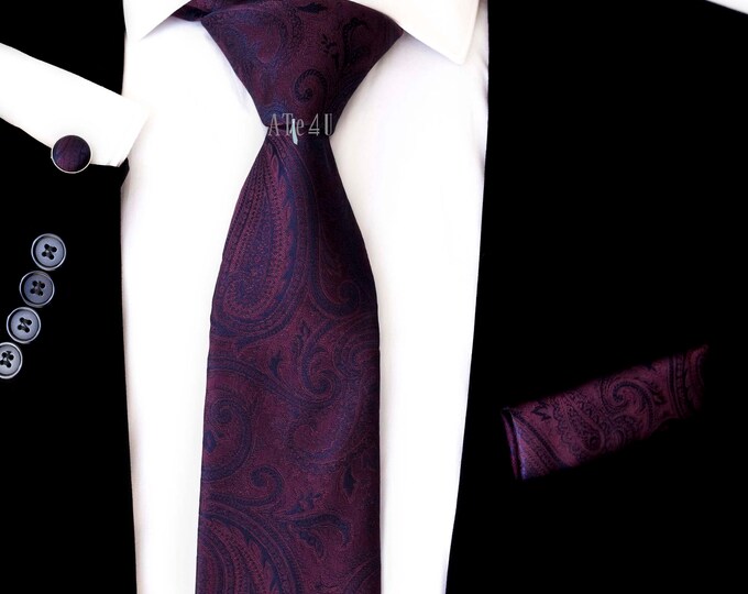 Burgundy and Blue Paisley Tie and Pocket Square Set, Burgundy Neckties ...
