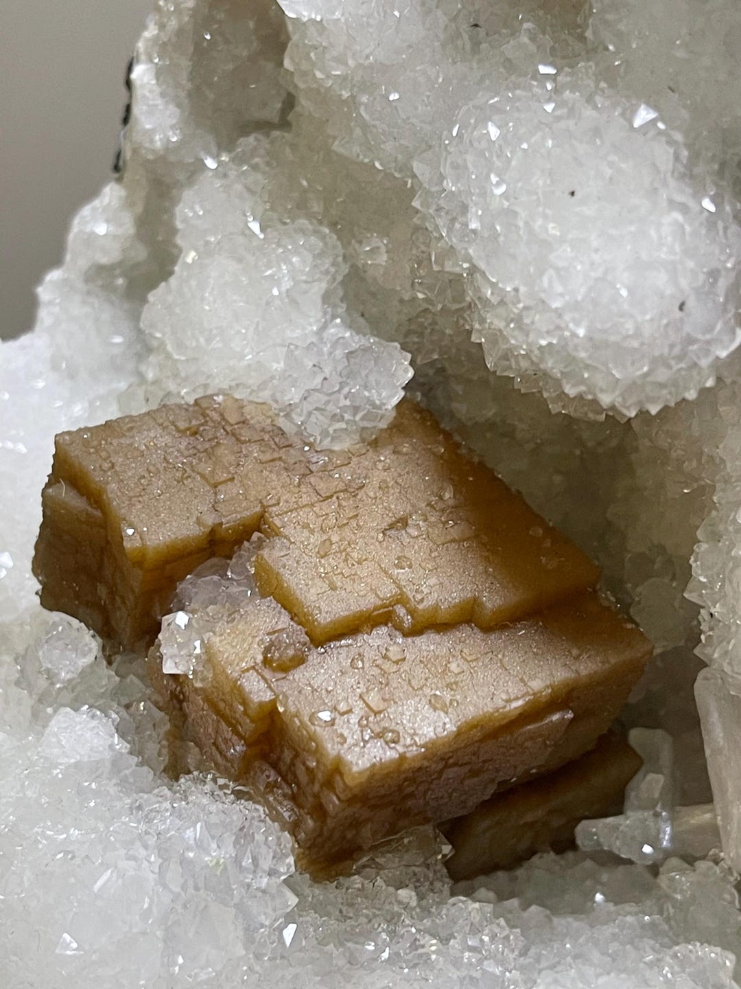 Rare Find. Brown Cubical Calcite Crystal With Stilbite Petals on Quartz ...