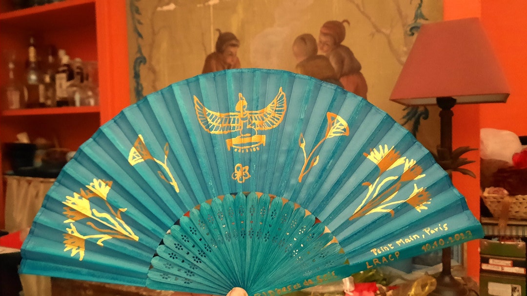 Personalized Ancient Egyptian Fan, Turquoise and Gold, Hand-painted ...