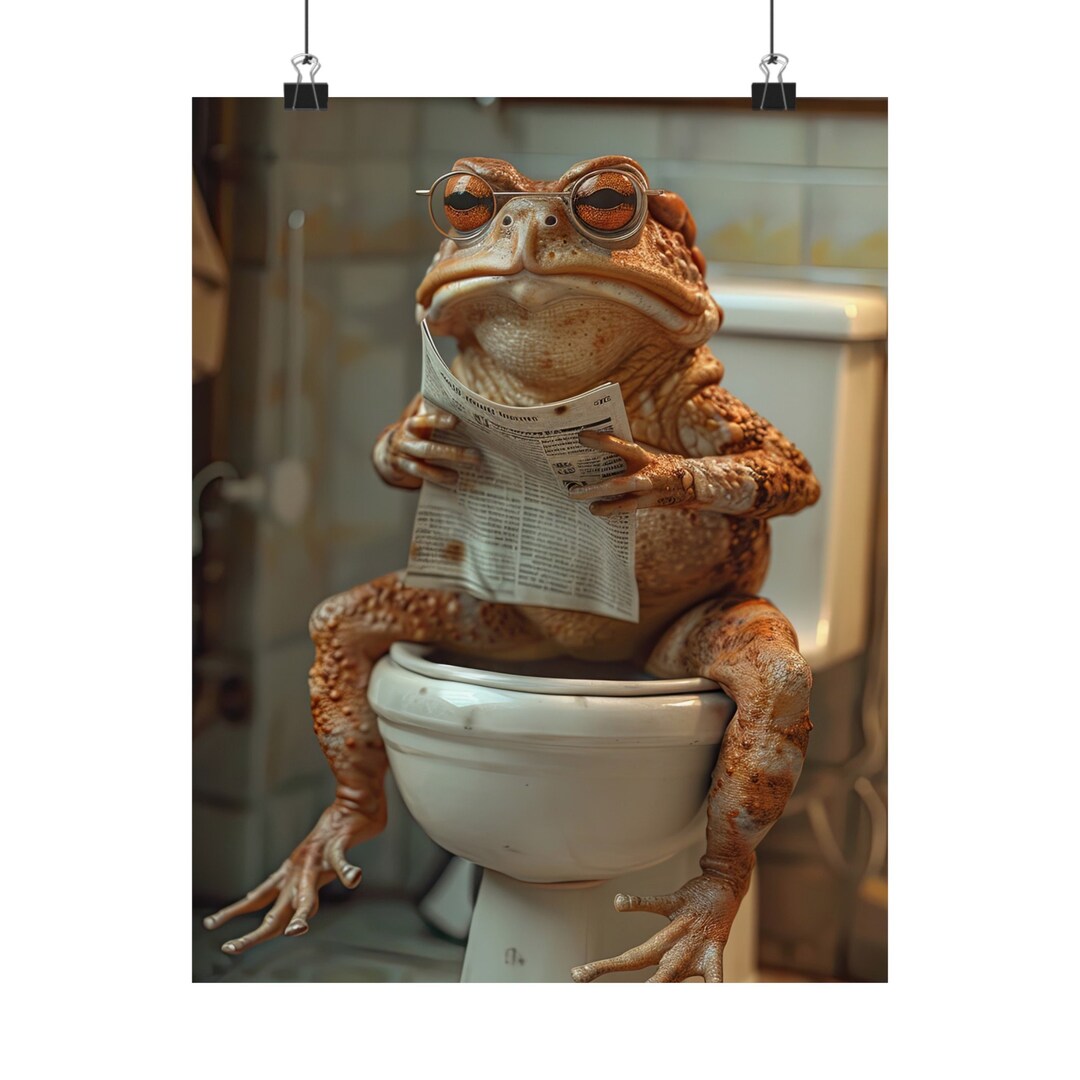 Toad, Frog, Reading Newspaper on Toilet, Funny, Cute, Wall Poster, Wall ...