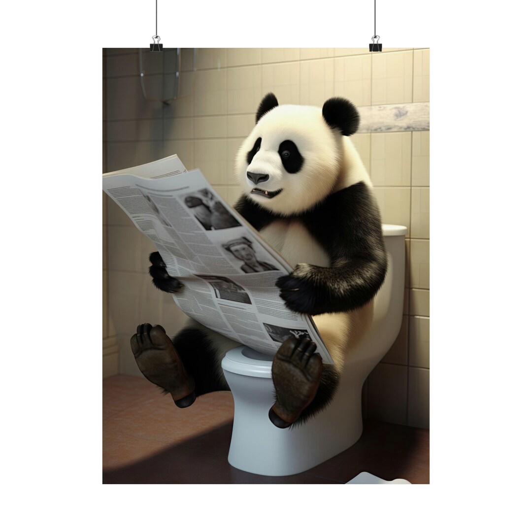 Panda, Reading Newspaper on Toilet, Funny, Cute, Wall Poster, Wall ...