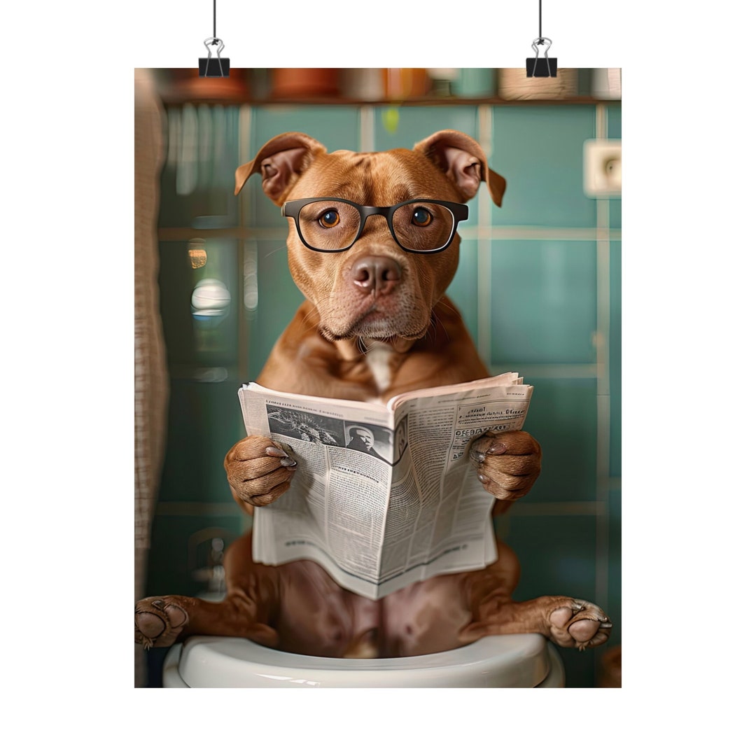 Pitbull, Dog, Reading Newspaper on Toilet, Funny, Cute, Wall Poster ...