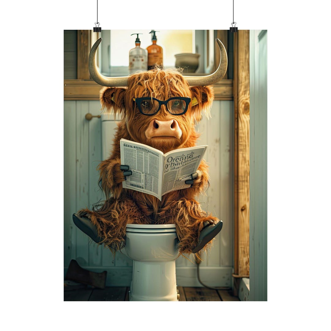Highland Cow, Reading Newspaper on Toilet, Funny, Cute, Wall Poster ...