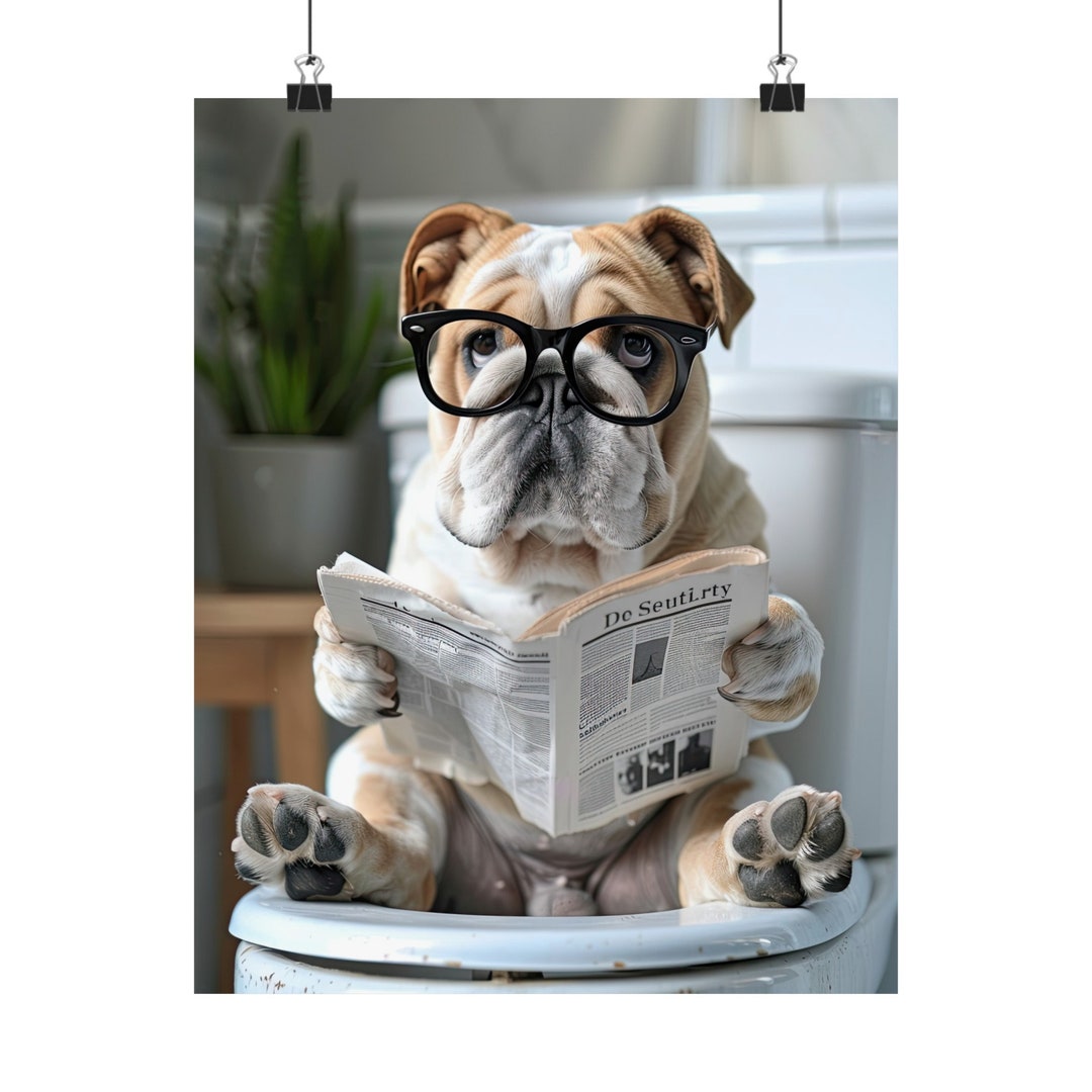 English Bulldog, Puppy, Dog, Reading Newspaper on Toilet, Funny, Cute ...