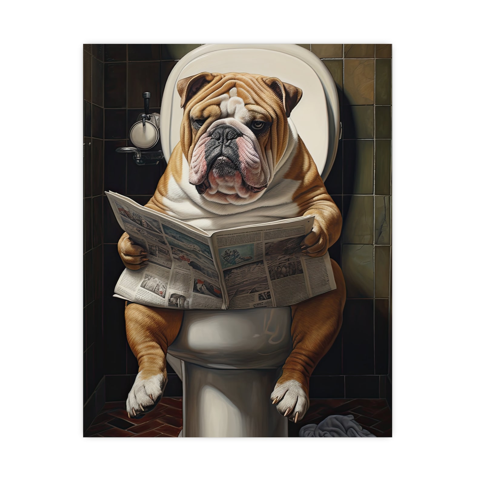 English Bulldog, Reading Newspaper on Toilet, Funny, Cute, Wall Poster ...