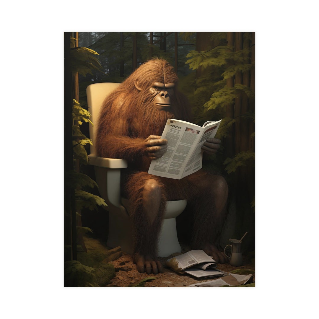 Bigfoot on Toilet, Reading Newspaper, Bathroom, Cute, Funny, Wall ...