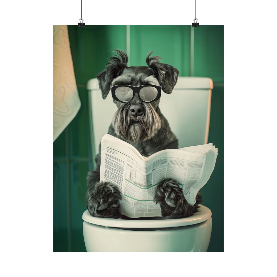 Schnauzer Dog, Reading Newspaper on Toilet, Funny, Cute, Wall Poster ...