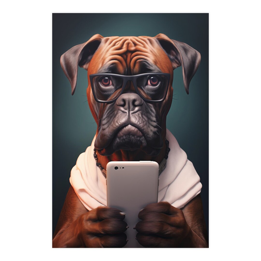 Boxer, Reading, Dogs, Art, Phone, Bathroom, Cute, Funny, Wall Poster ...