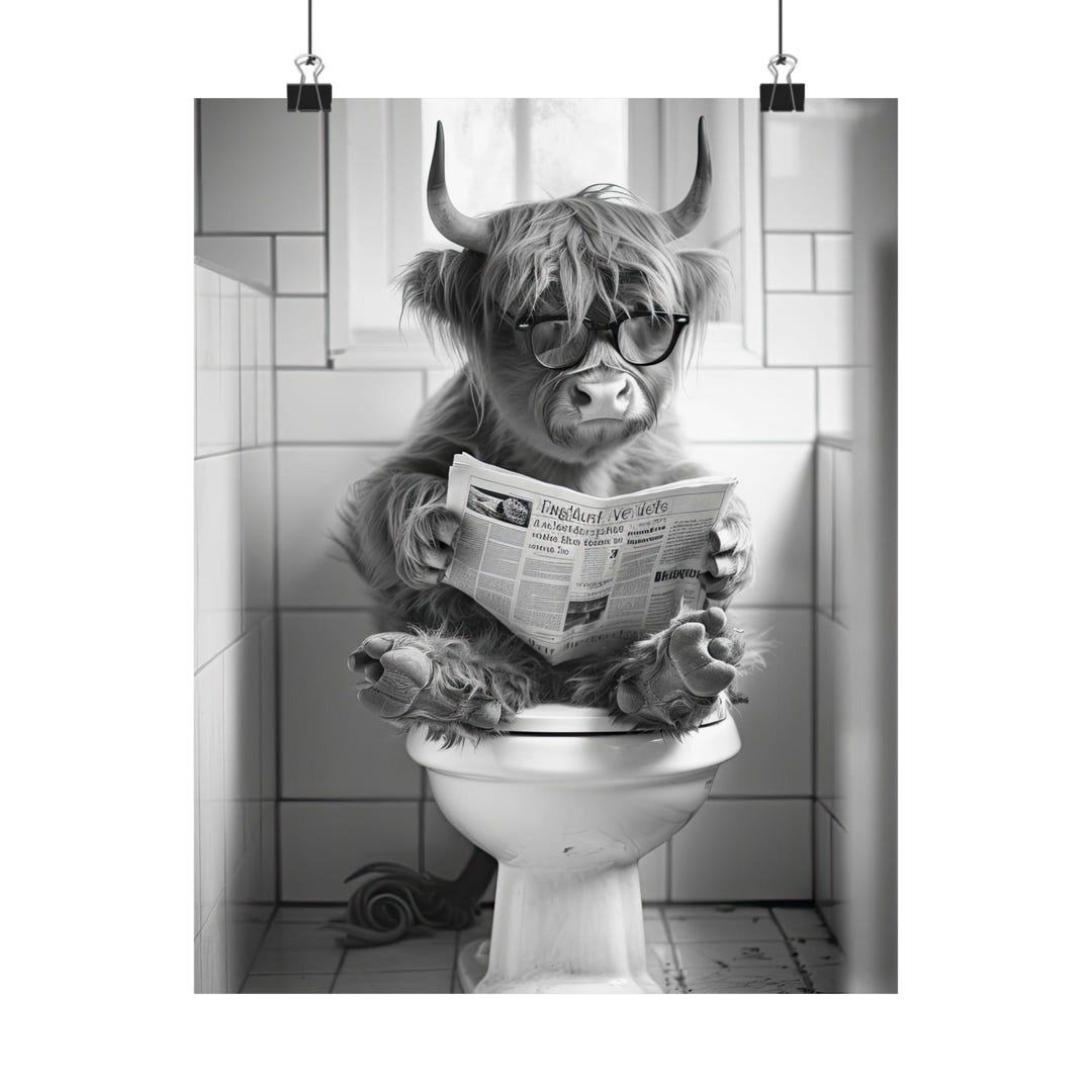 Highland Cow, Reading Newspaper on Toilet, Funny, Cute, Wall Poster ...