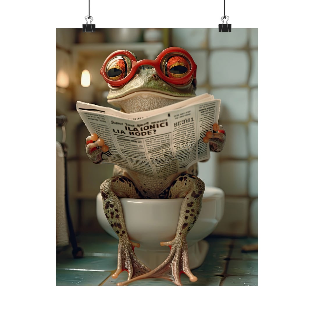 Toad, Frog, Reading Newspaper on Toilet, Funny, Cute, Wall Poster, Wall ...