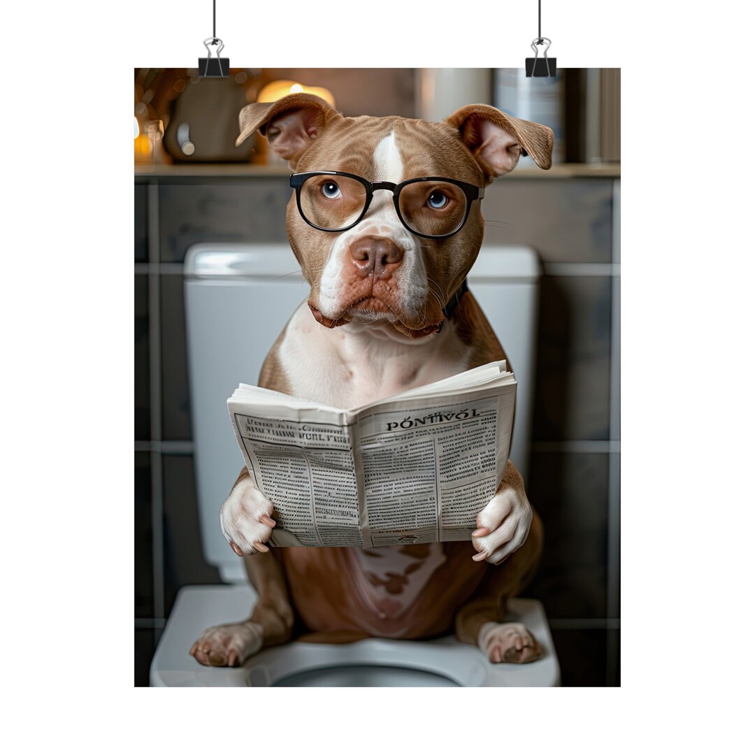 Pitbull, Dog, Reading Newspaper on Toilet, Funny, Cute, Wall Poster ...
