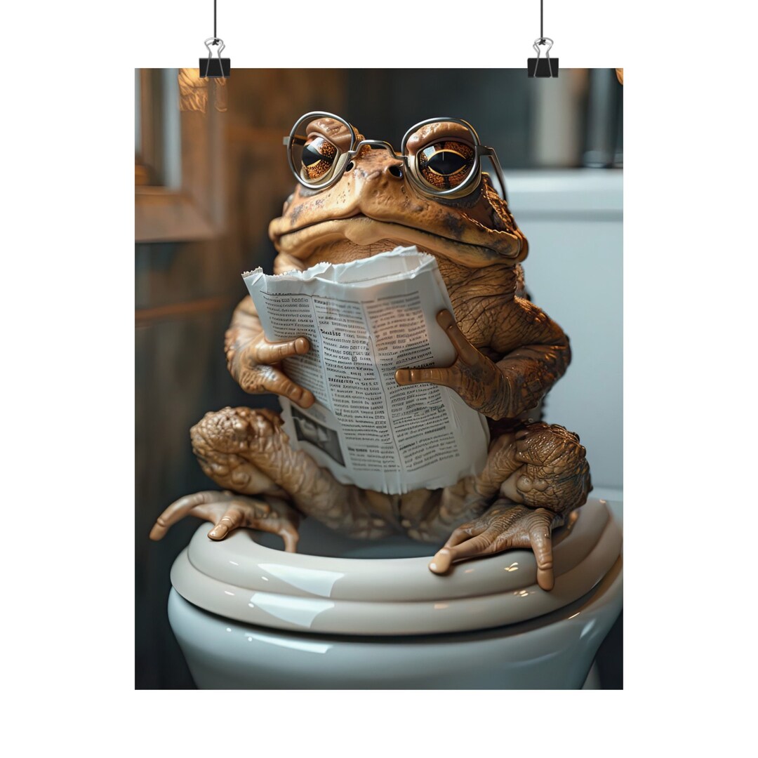 Toad, Frog, Reading Newspaper on Toilet, Funny, Cute, Wall Poster, Wall ...