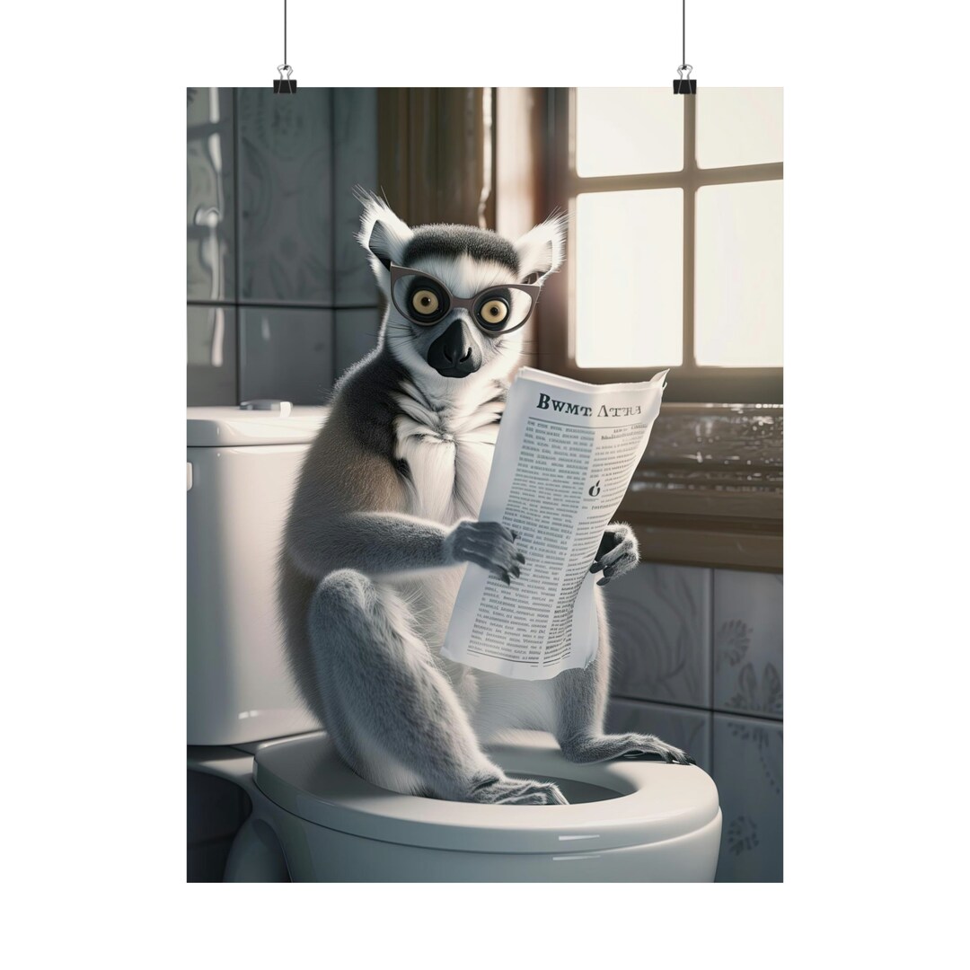 Lemur, Reading Newspaper on Toilet, Funny, Cute, Wall Poster, Wall ...