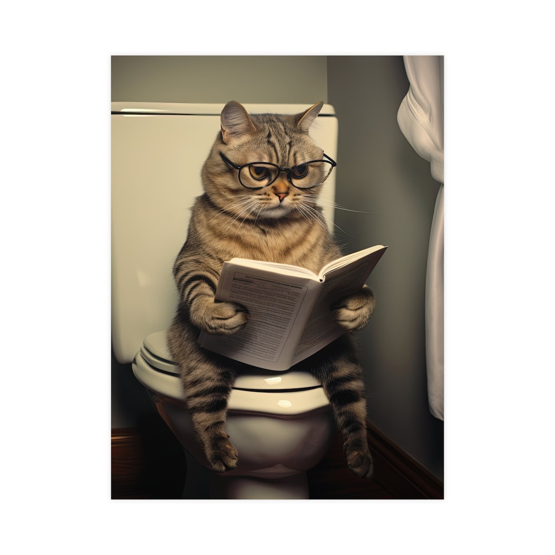 Tabby Cat, Reading Newspaper on Toilet, Funny, Cute, Wall Poster, Wall ...