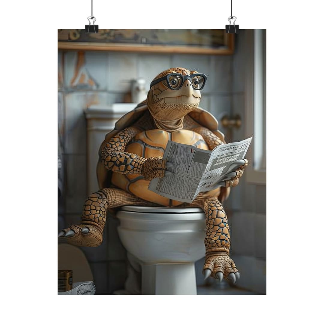 Tortoise, Turtle, Reading Newspaper on Toilet, Funny, Cute, Wall Poster ...