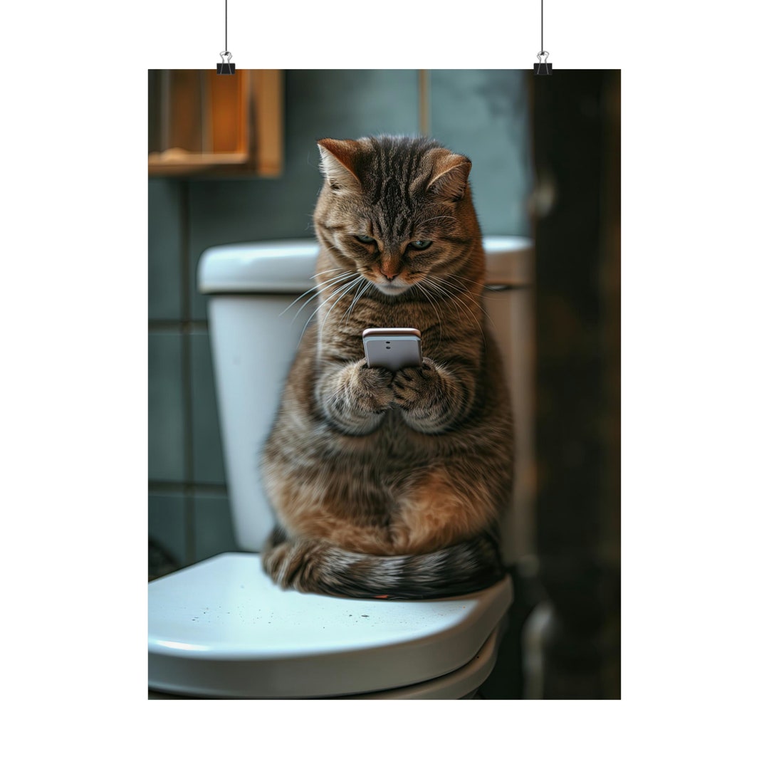 Tabby Cat, Texting on Toilet, Phone, Funny, Cute, Wall Poster, Wall ...