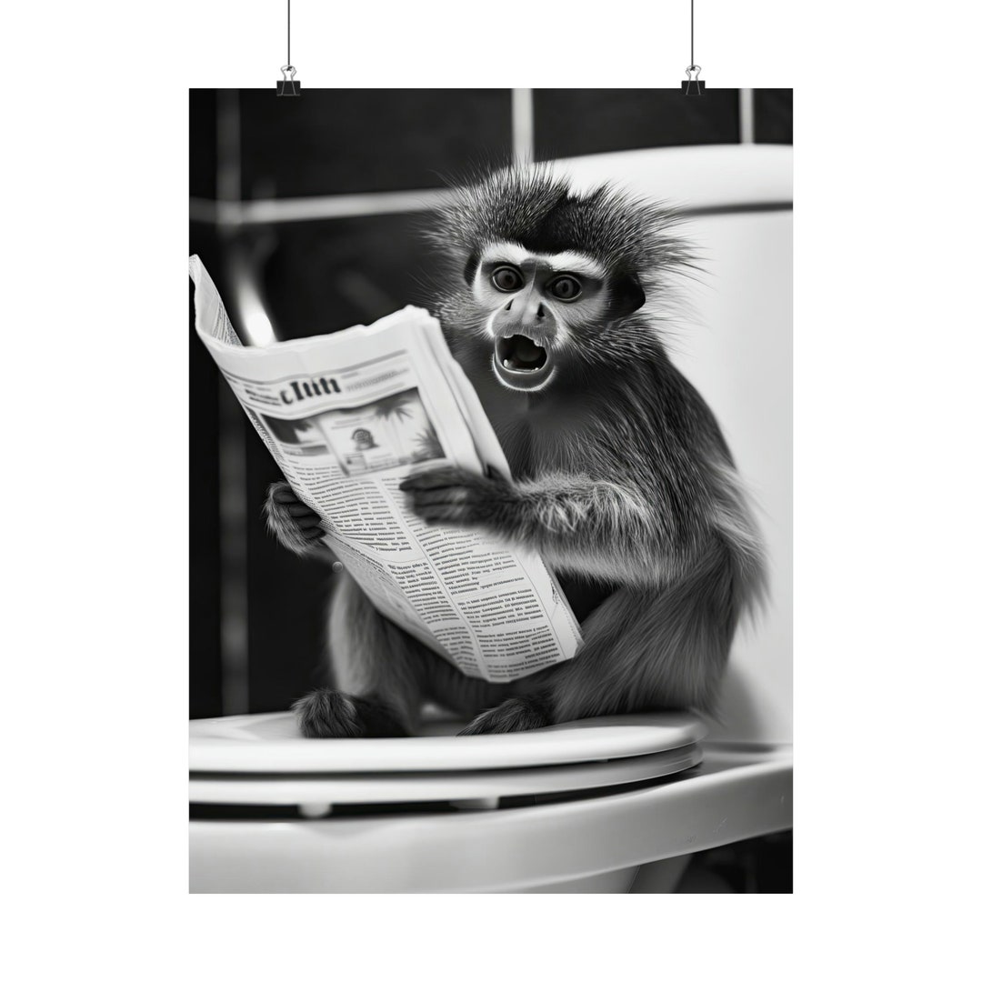 Monkey, Reading Newspaper on Toilet, Funny, Cute, Wall Poster, Wall ...