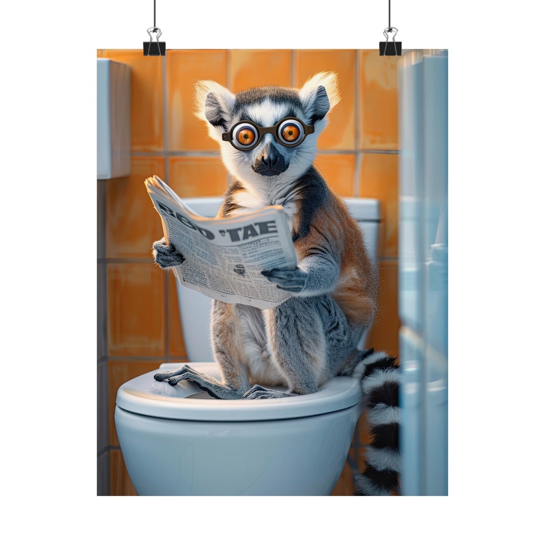Lemur, Reading Newspaper on Toilet, Funny, Cute, Wall Poster, Wall ...