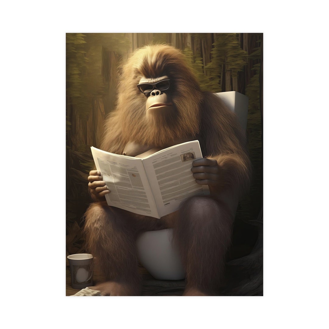 Bigfoot on Toilet, Reading, Newspaper, Forest, Bathroom, Cute, Funny ...