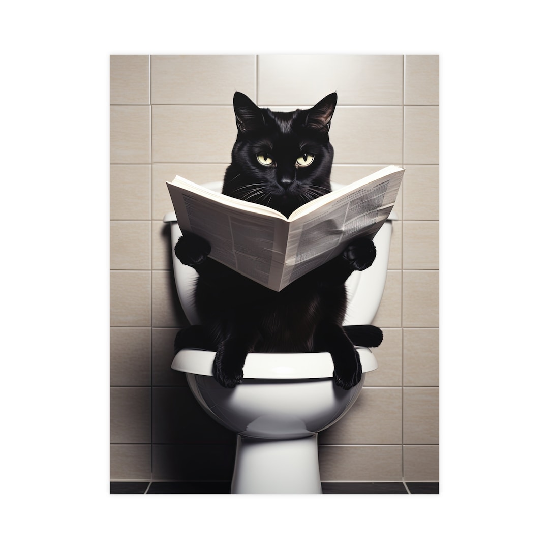 Black Cat, Reading Newspaper on Toilet, Funny, Cute, Wall Poster, Wall ...