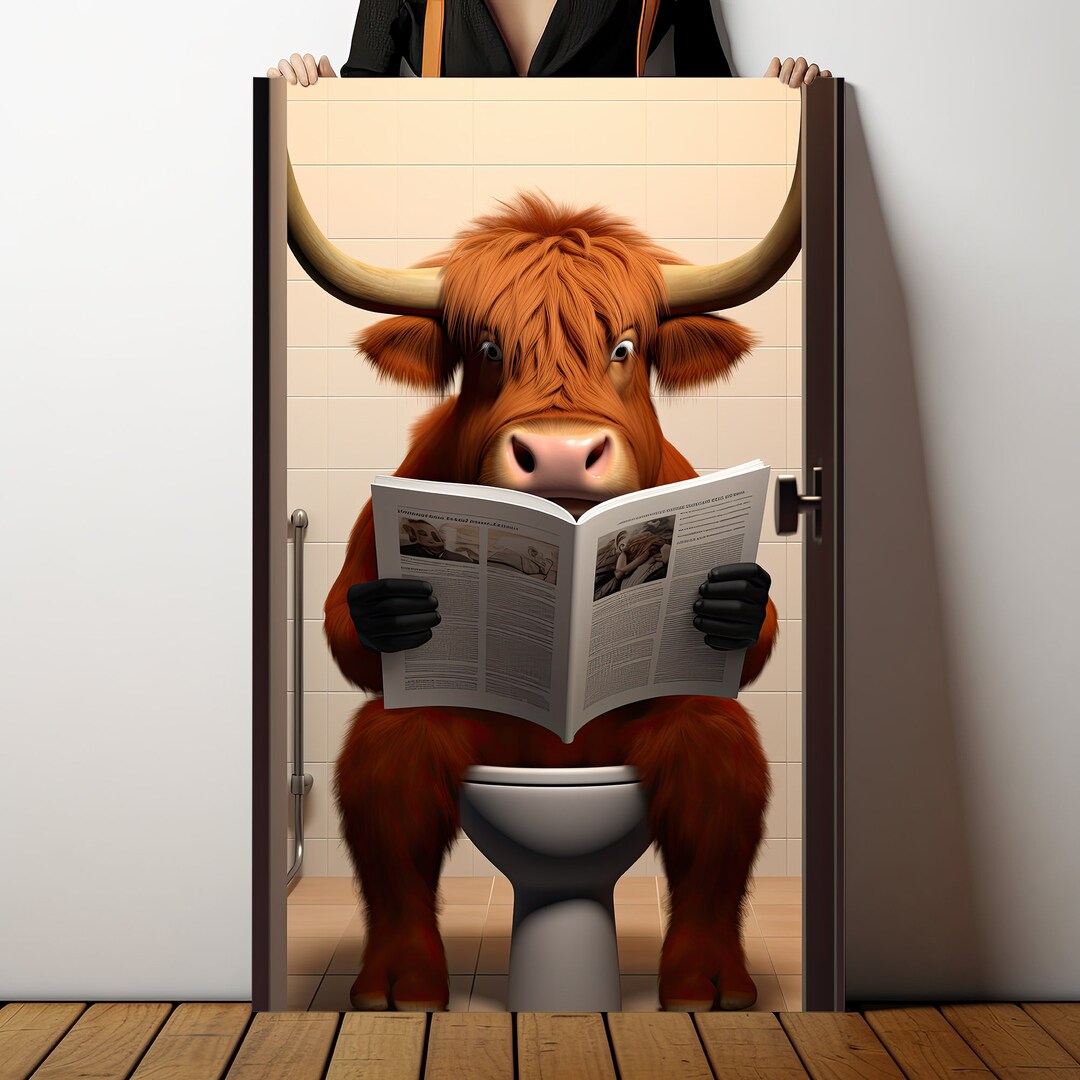 Highland Cow, Reading Newspaper on Toilet, Cute, Funny, Wall Poster ...
