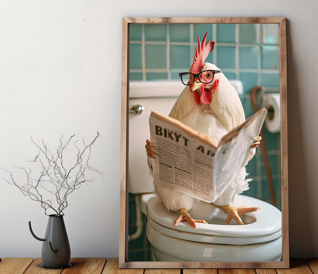 Chicken, Reading Newspaper, Wall Decor, Toilet, Funny Bathroom, Animal ...
