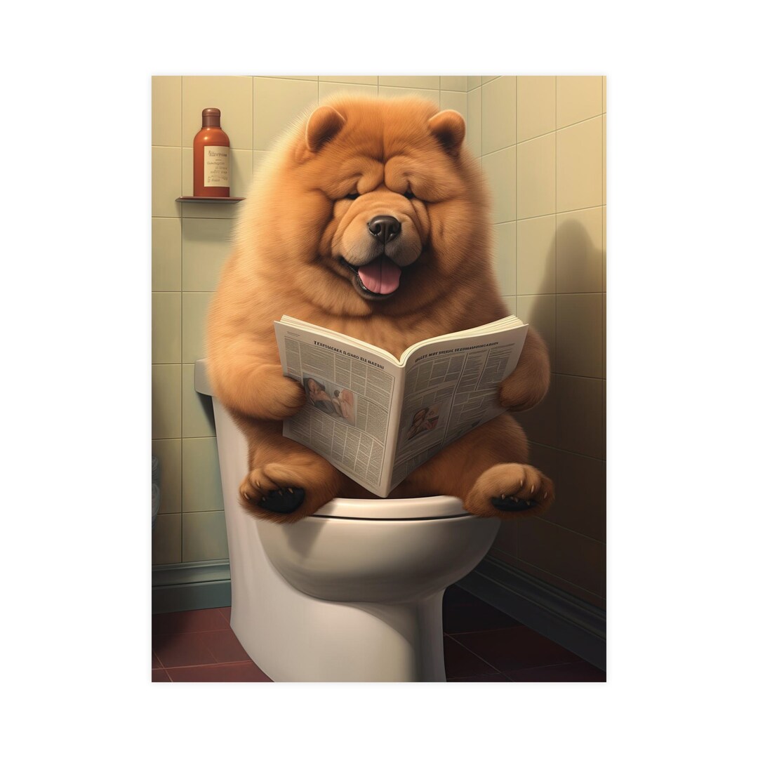 Chow Chow Dog Reading Newspaper on Toilet, Cute, Funny, Wall Poster ...