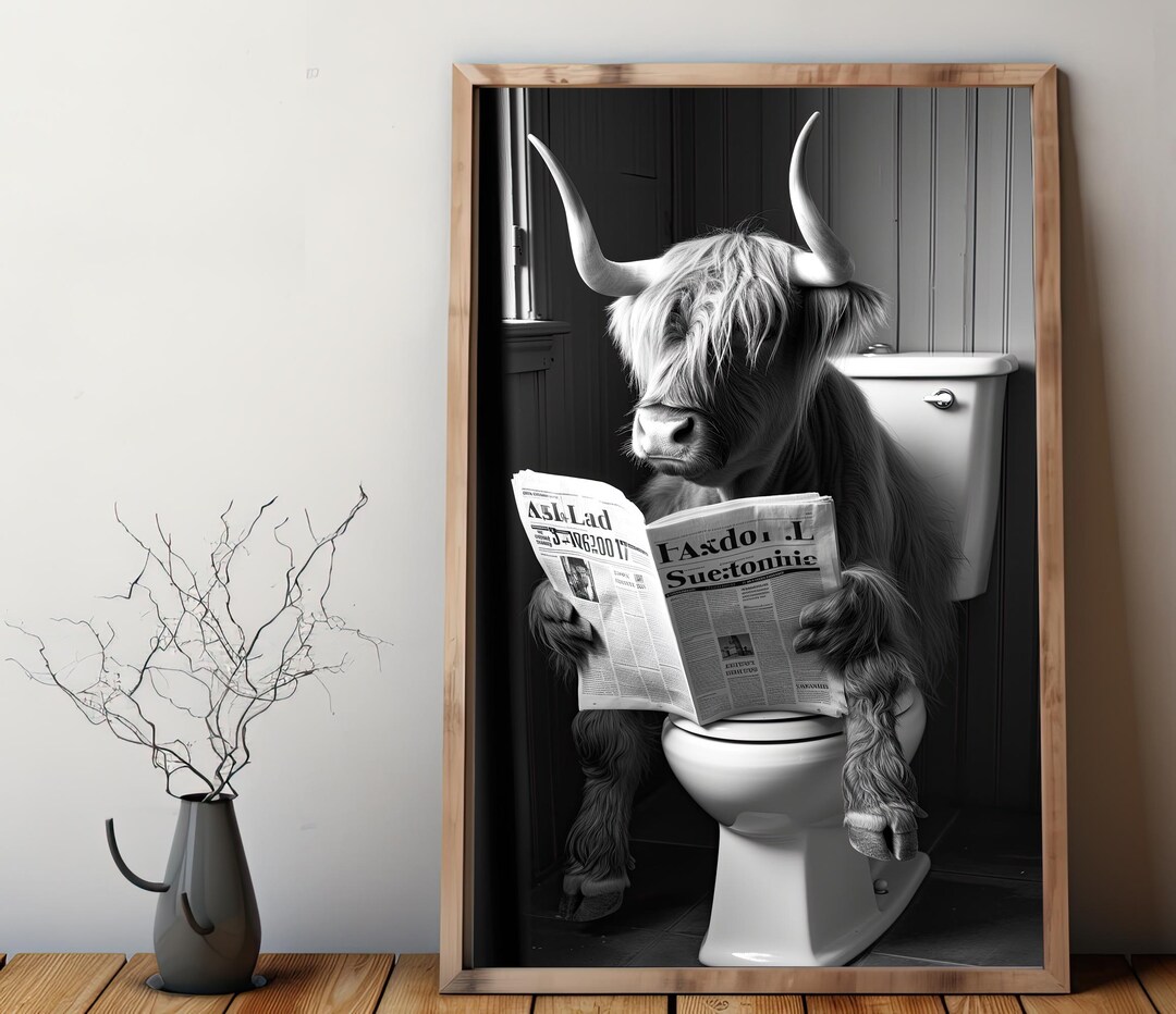 Highland Cow, Reading, Newspaper, Wall Decor, Toilet, Funny Bathroom ...