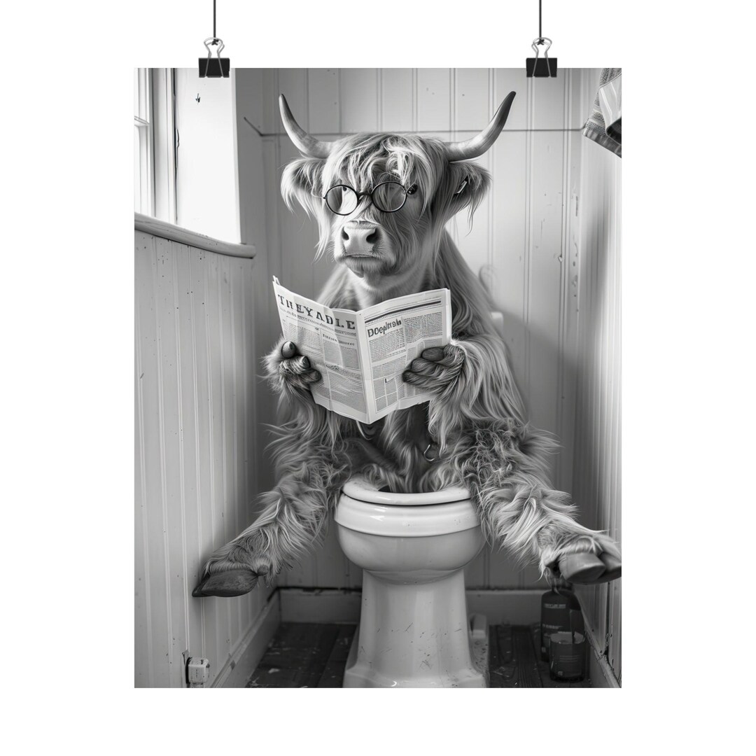 Highland Cow, Reading Newspaper on Toilet, Funny, Cute, Wall Poster ...