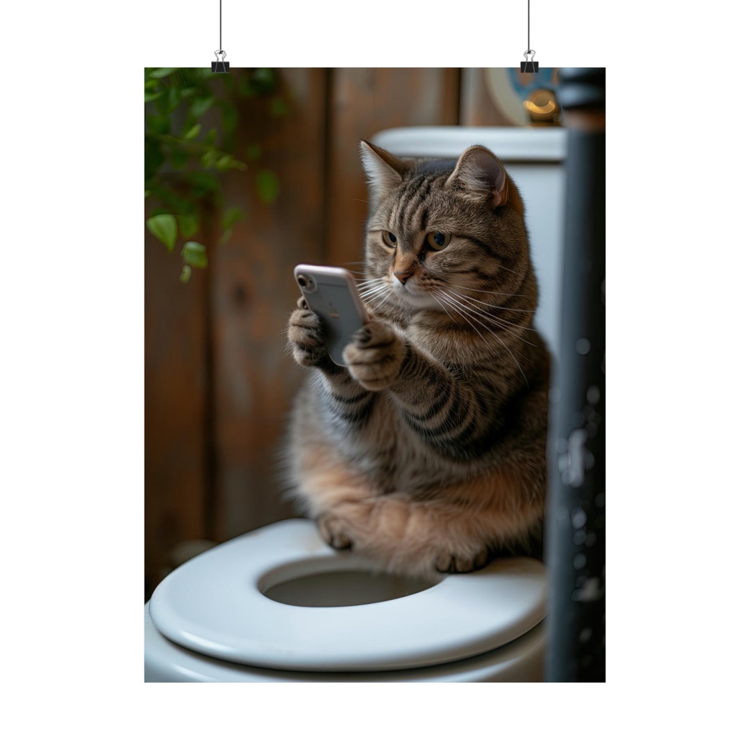 Tabby Cat, Reading on Toilet, Texting, Phone, Funny, Cute, Wall Poster ...