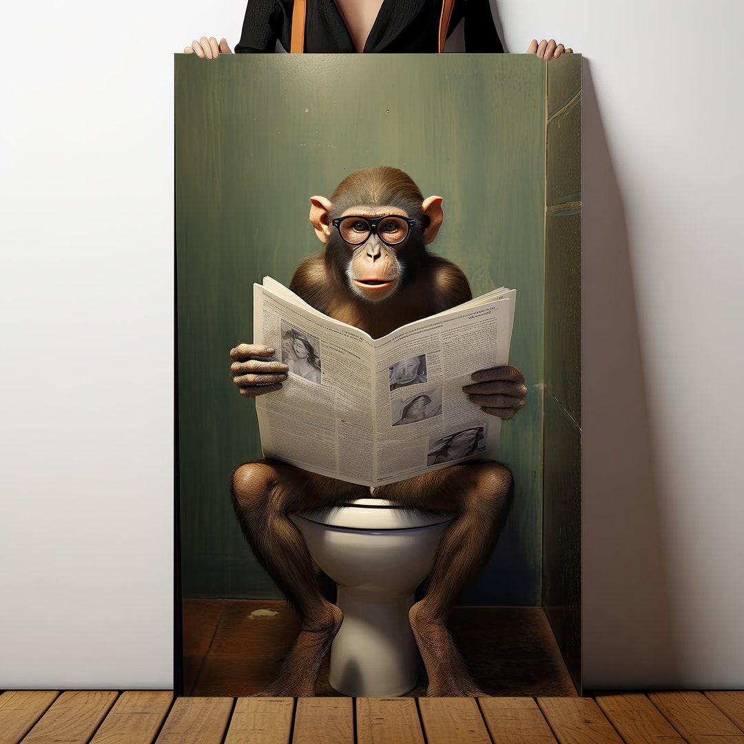 Monkey Reading Newspaper on Toilet Cute Funny Wall Poster - Etsy