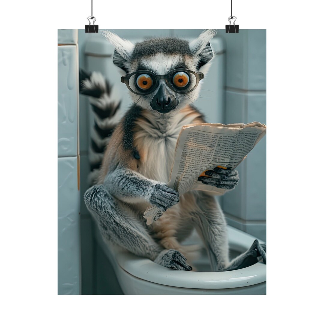 Lemur, Reading Newspaper on Toilet, Funny, Cute, Wall Poster, Wall ...