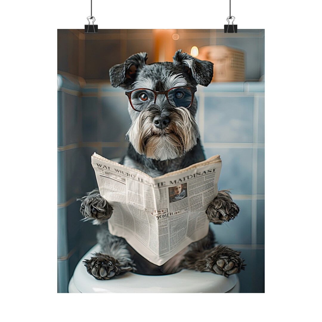 Schnauzer, Dog, Reading Newspaper on Toilet, Funny, Cute, Wall Poster ...