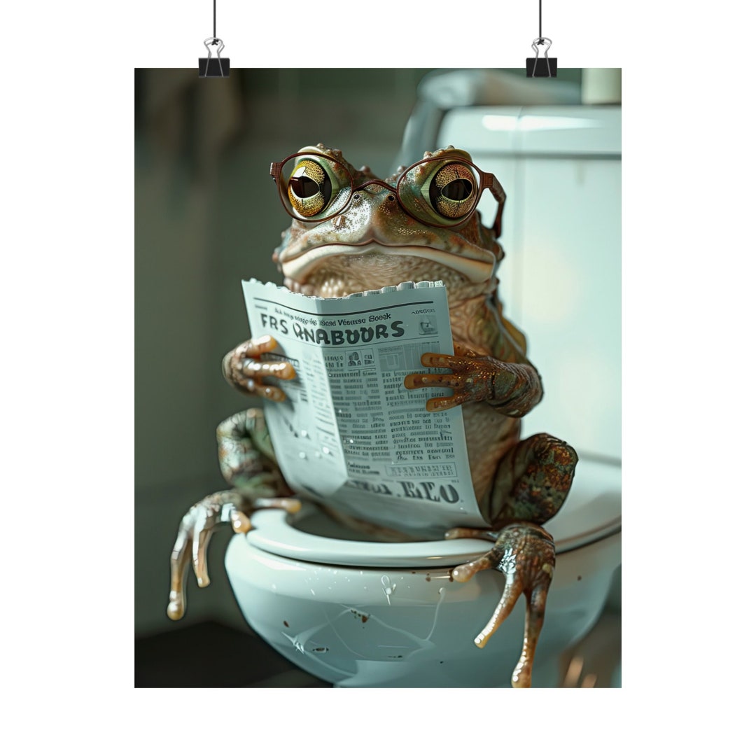 Toad, Frog, Reading Newspaper on Toilet, Funny, Cute, Wall Poster, Wall ...