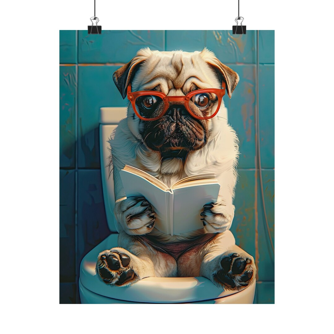 Pug, Puppy, Dog, Reading on Toilet, Funny, Cute, Wall Poster, Wall ...