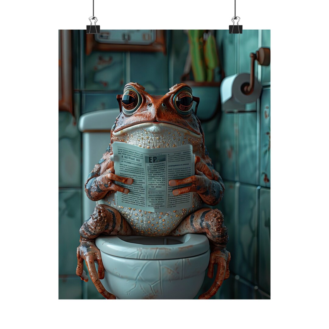 Toad, Frog, Reading Newspaper on Toilet, Funny, Cute, Wall Poster, Wall ...