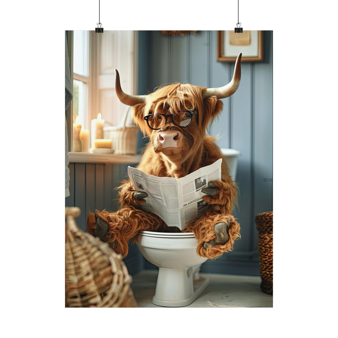 Highland Cow, Reading Newspaper on Toilet, Funny, Cute, Wall Poster ...