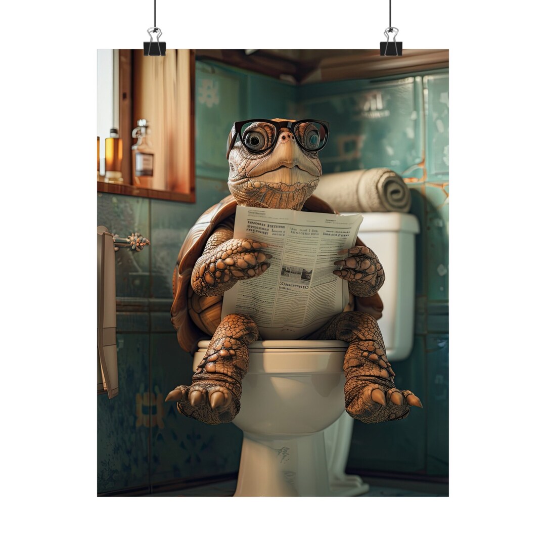 Tortoise, Turtle, Reading Newspaper on Toilet, Funny, Cute, Wall Poster ...