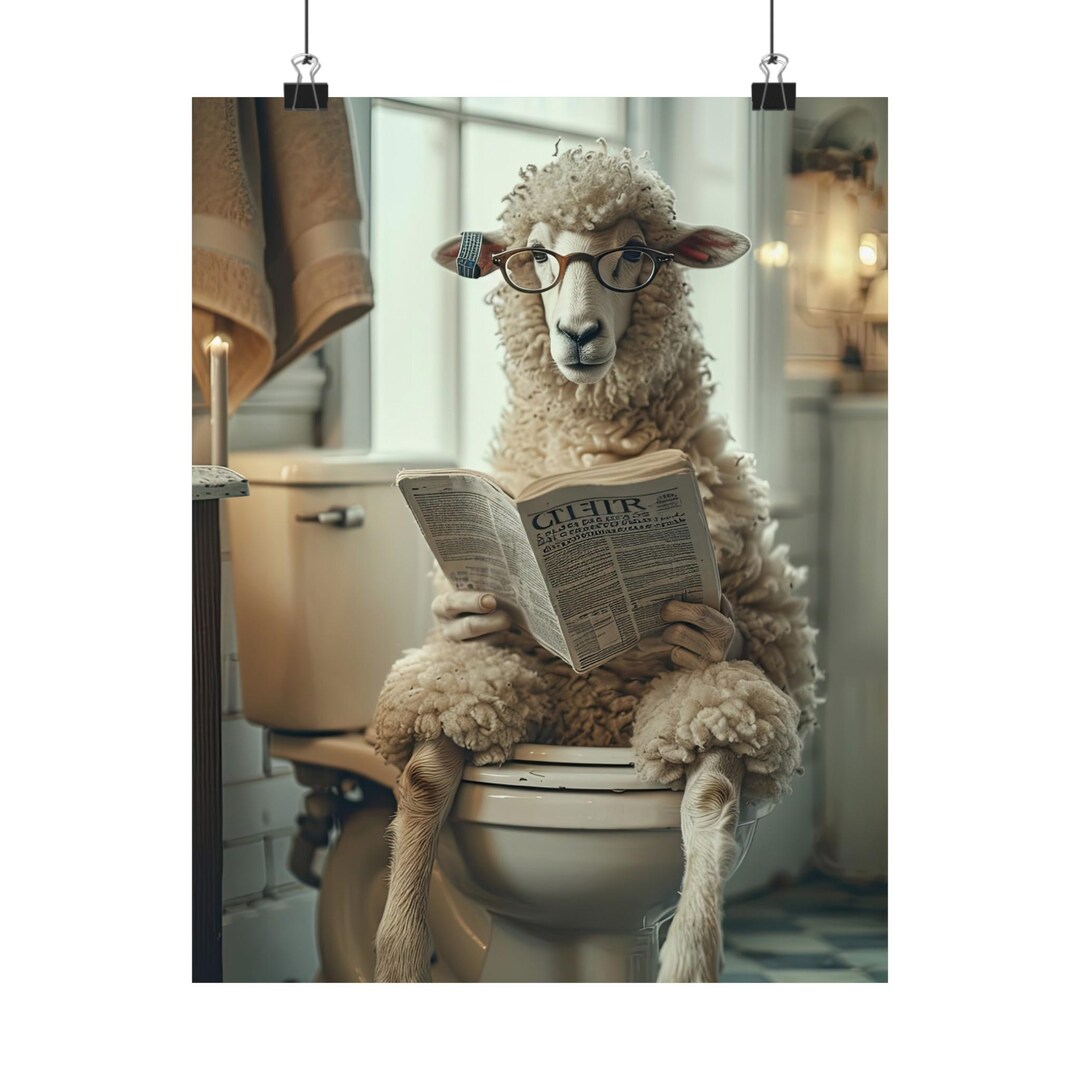 Sheep, Reading Newspaper on Toilet, Funny, Cute, Wall Poster, Wall ...