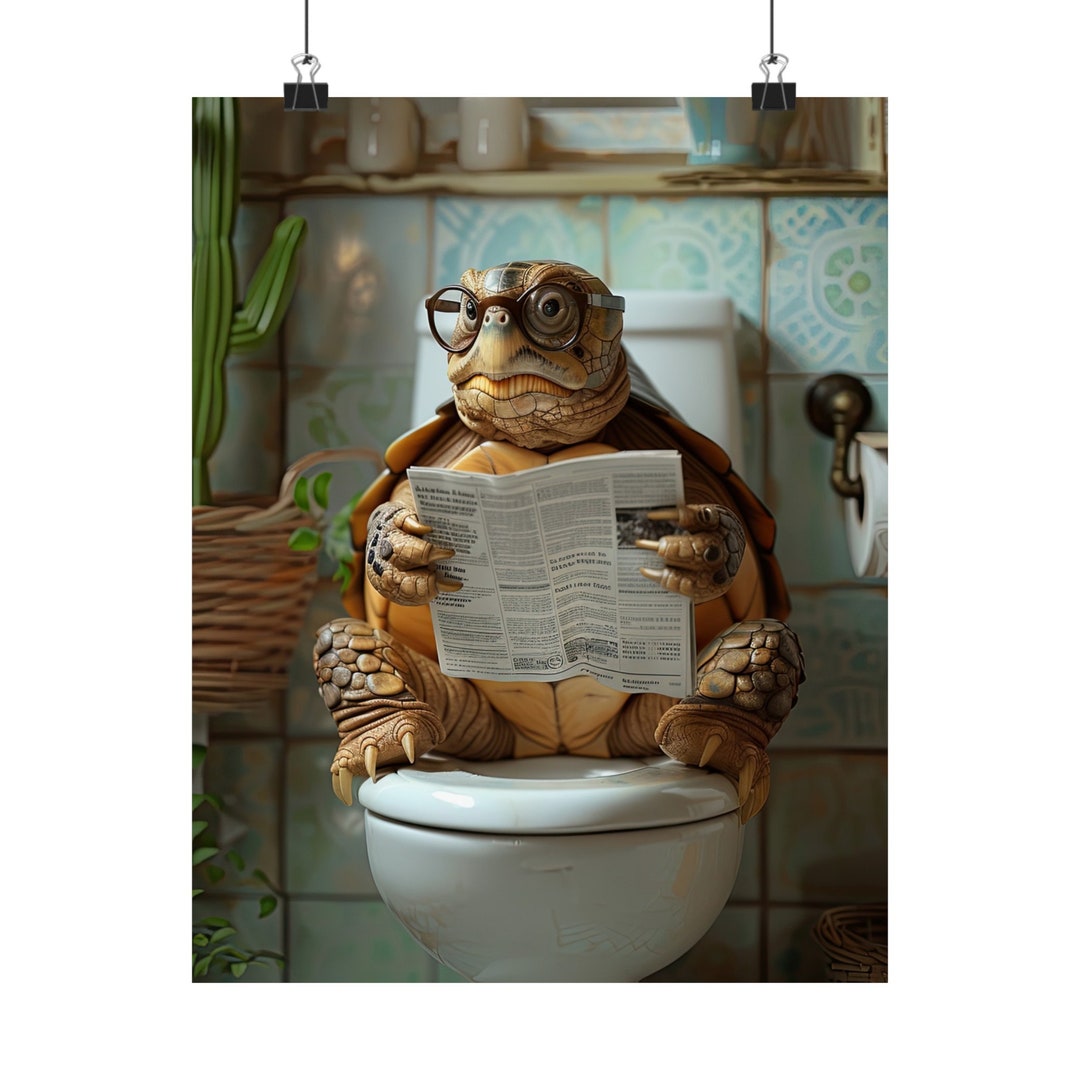 Tortoise, Turtle, Reading Newspaper on Toilet, Funny, Cute, Wall Poster ...