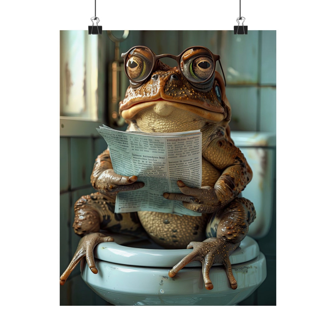 Toad, Frog, Reading Newspaper on Toilet, Funny, Cute, Wall Poster, Wall ...