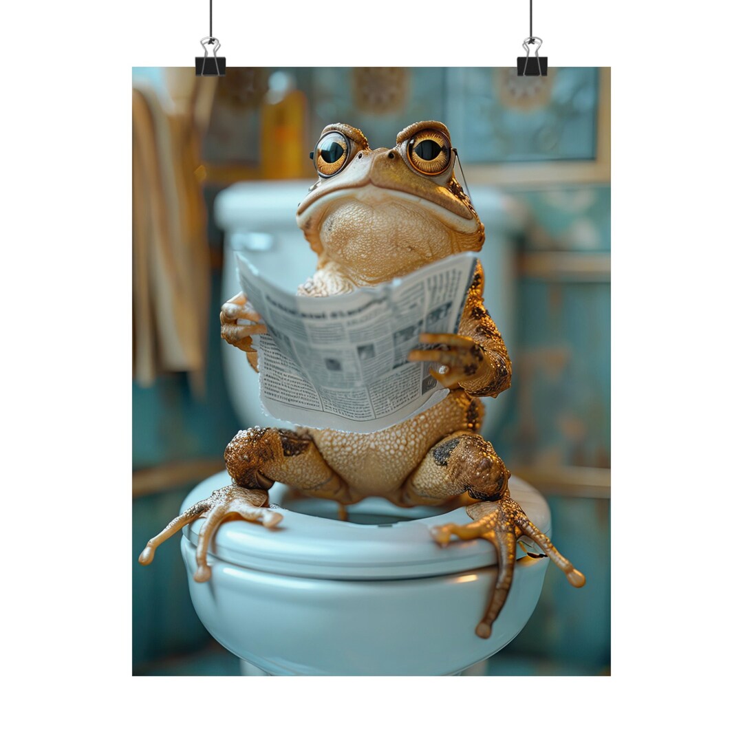 Toad, Frog, Reading Newspaper on Toilet, Funny, Cute, Wall Poster, Wall ...