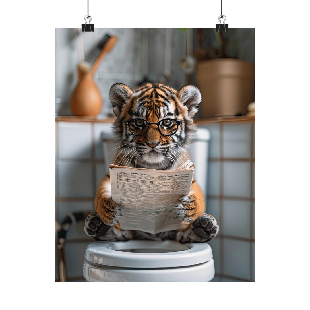 Baby Tiger, Reading Newspaper on Toilet, Funny, Cute, Wall Poster, Wall ...