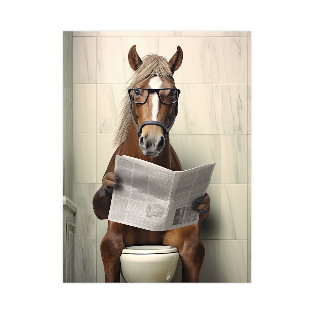 Horse, Reading Newspaper on Toilet, Funny, Cute, Wall Poster, Wall ...
