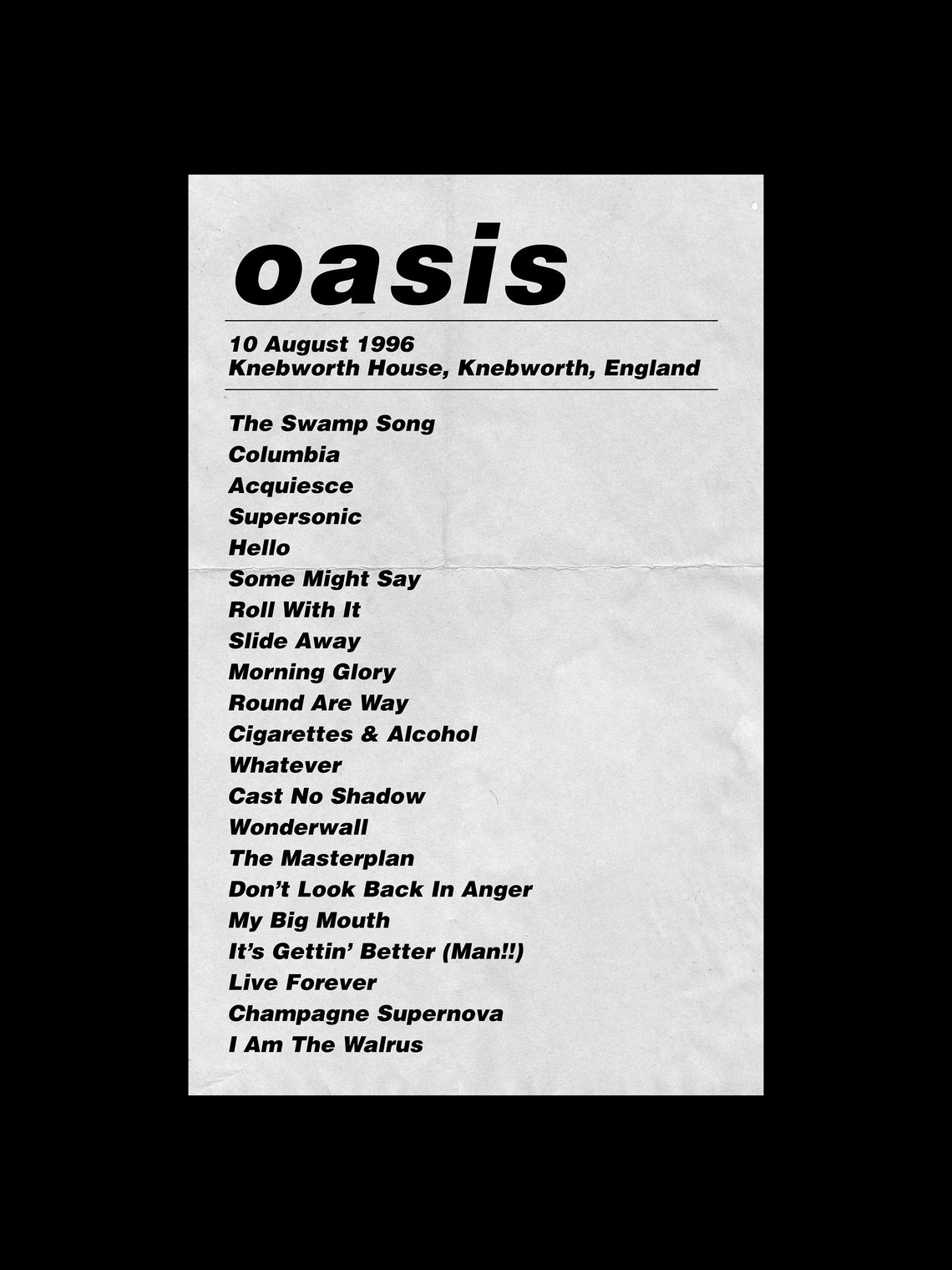 Set List Poster Print Inspired by Oasis Knebworth 1996 - Etsy
