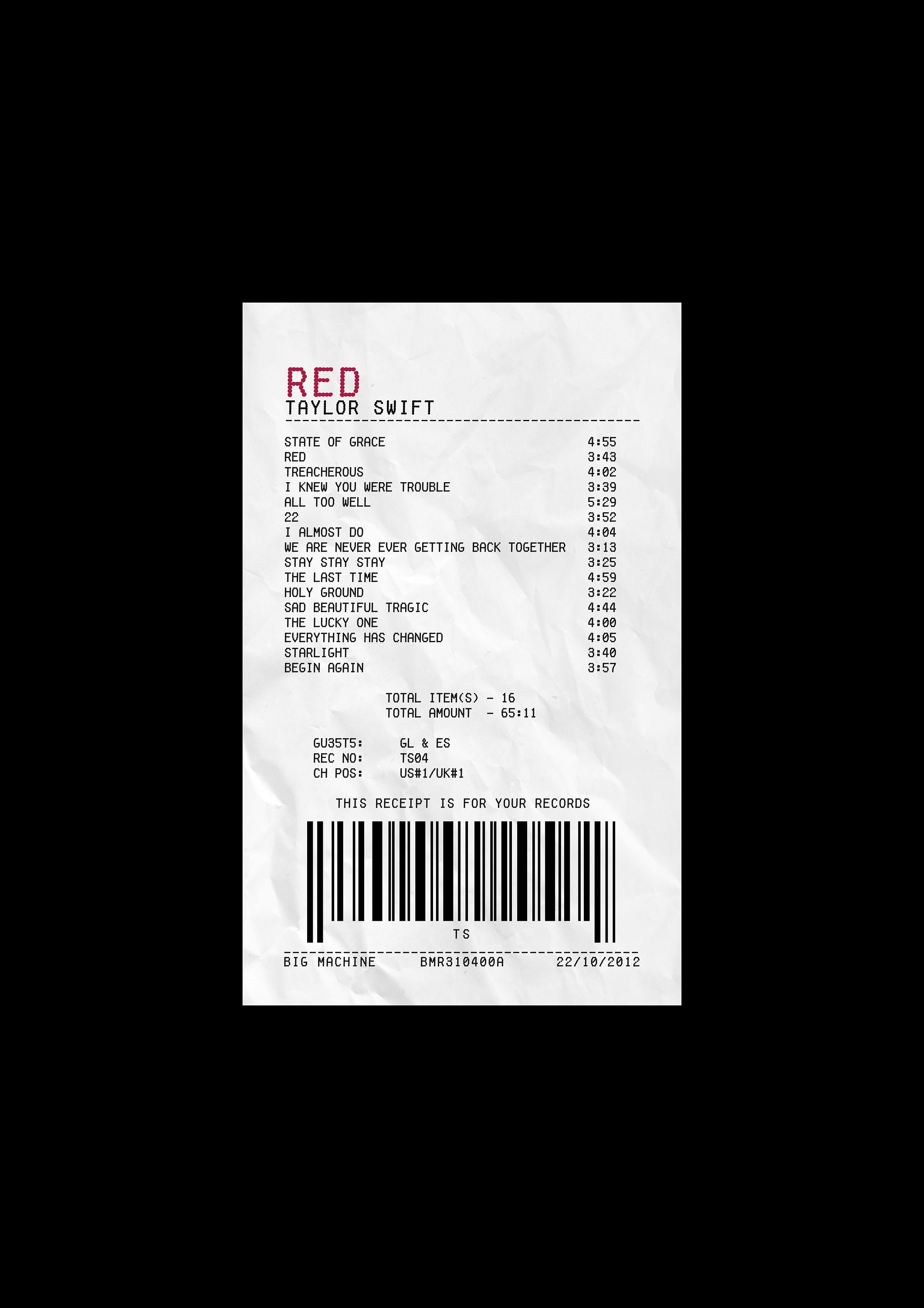 Taylor Swift 'red' Rock N Roll Receipt A3 Poster Print - Etsy UK