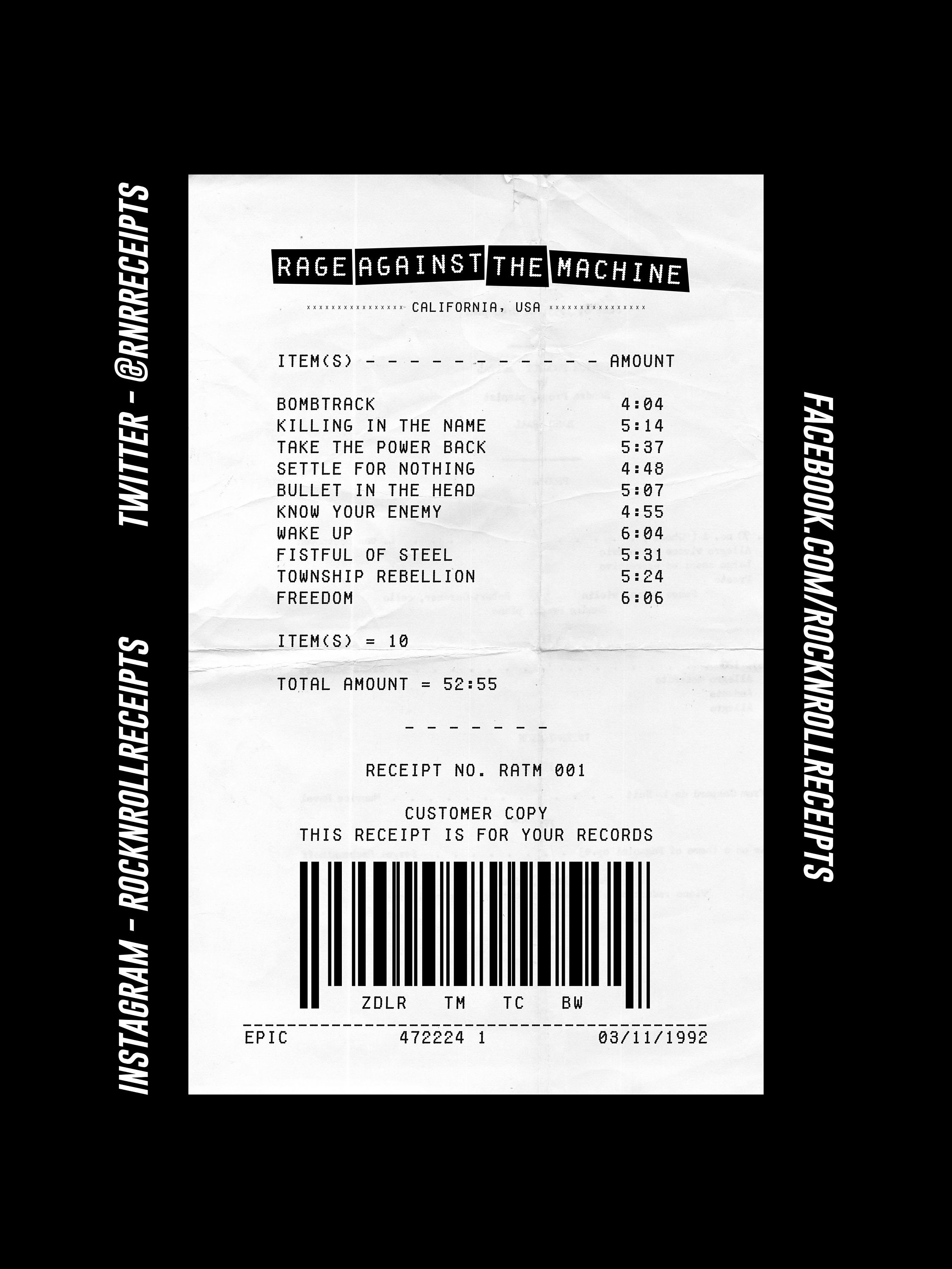 Rock N Roll Receipt A3 Poster Print Inspired by Rage Against the ...