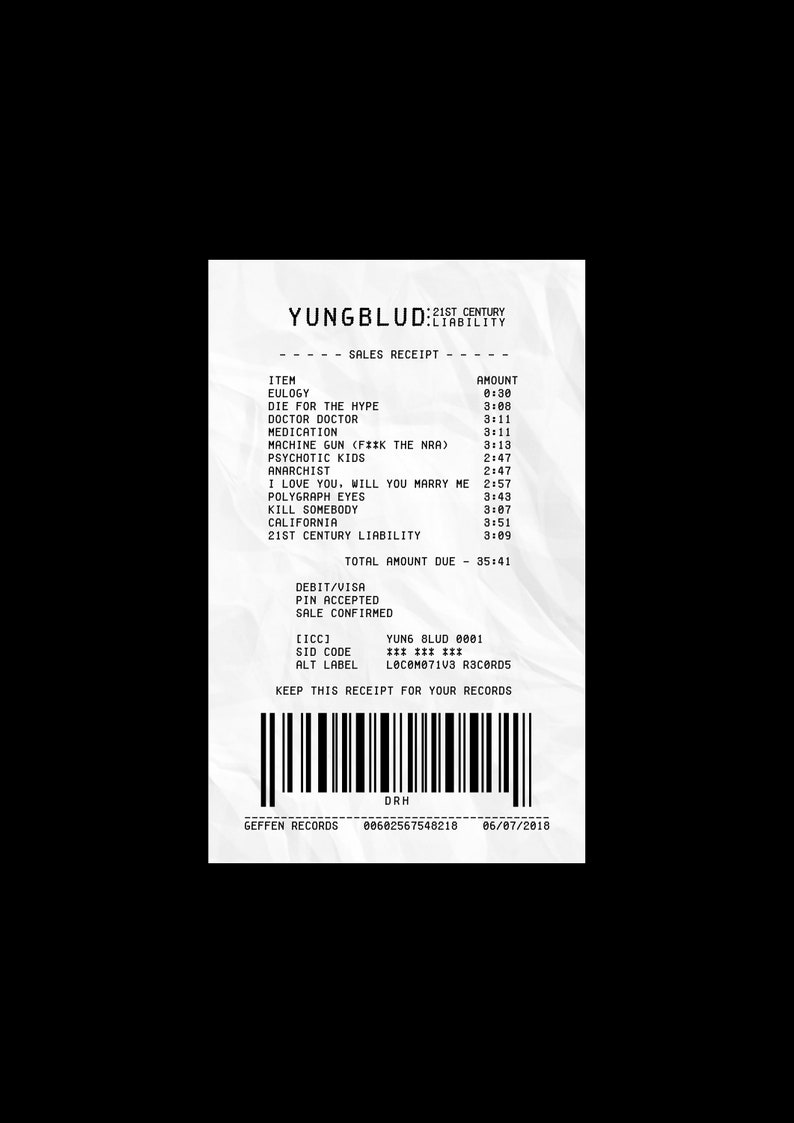 Rock N Roll Receipt A3 Poster Print Inspired by Yungblud '21st Century ...