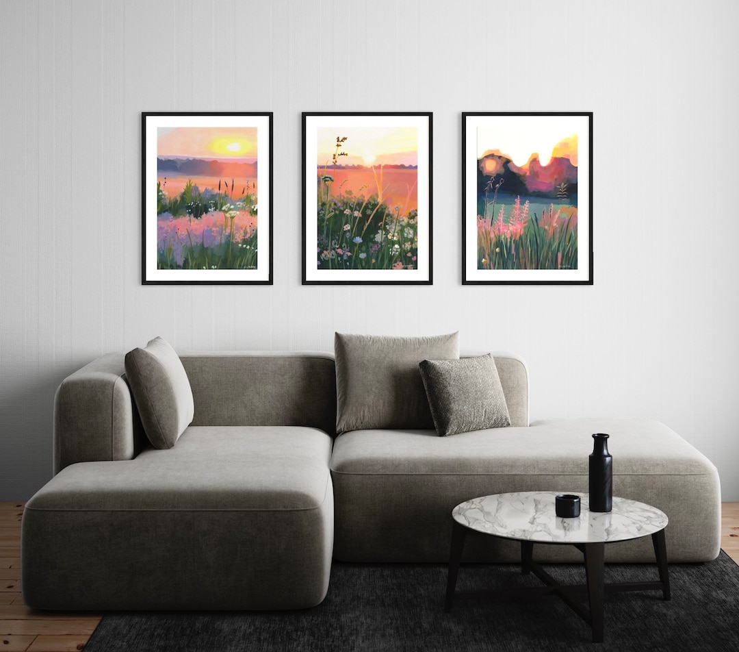 SET of 3 Sunset Prints, Landscape Wall Art, Sunset Art, Floral Print ...